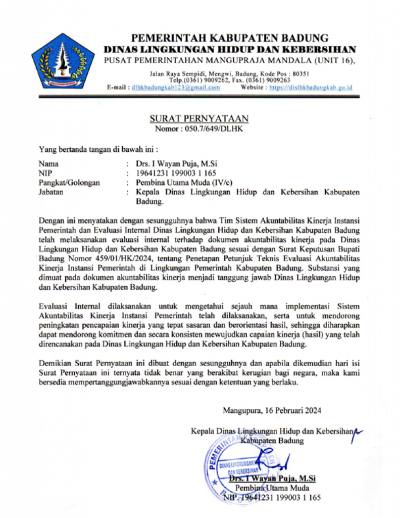 SURAT PERNYATAAN KADIS | Dislhk Badung